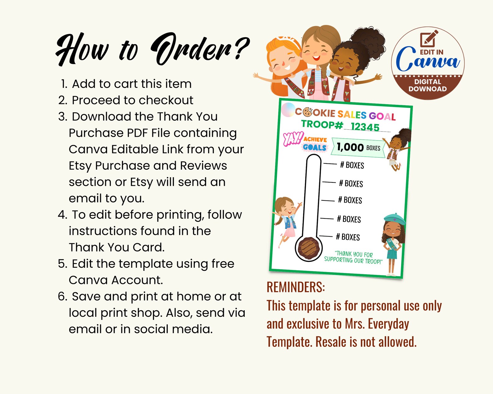 Editable Girl Scout Cookie Sales Goal Chart Cookie Booth Display Sign ...
