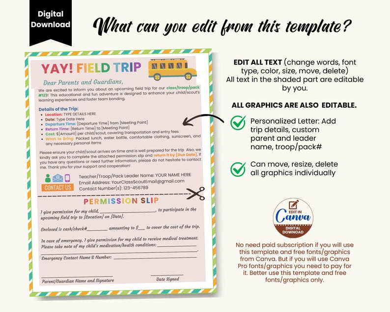 Editable Field Trip Permission Slip & Receipt Form (canva Template) - Etsy