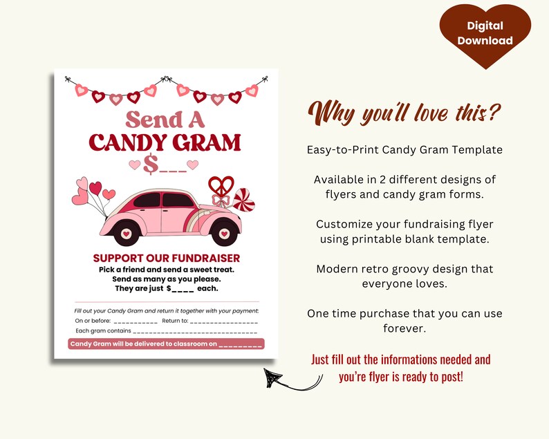 Holiday Candy Cane Gram Printable Valentines Day Candy Gram Fundraiser ...