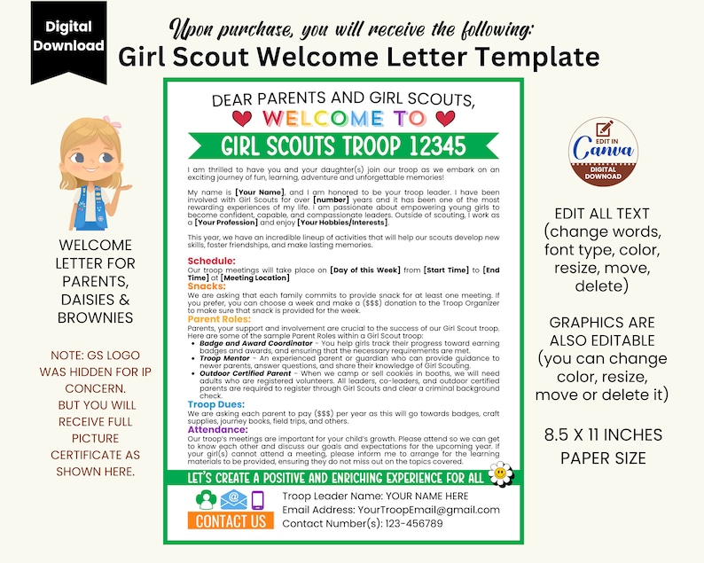 Editable Girl Scout Welcome Letter to Parents and Scouts, Scout Troop ...