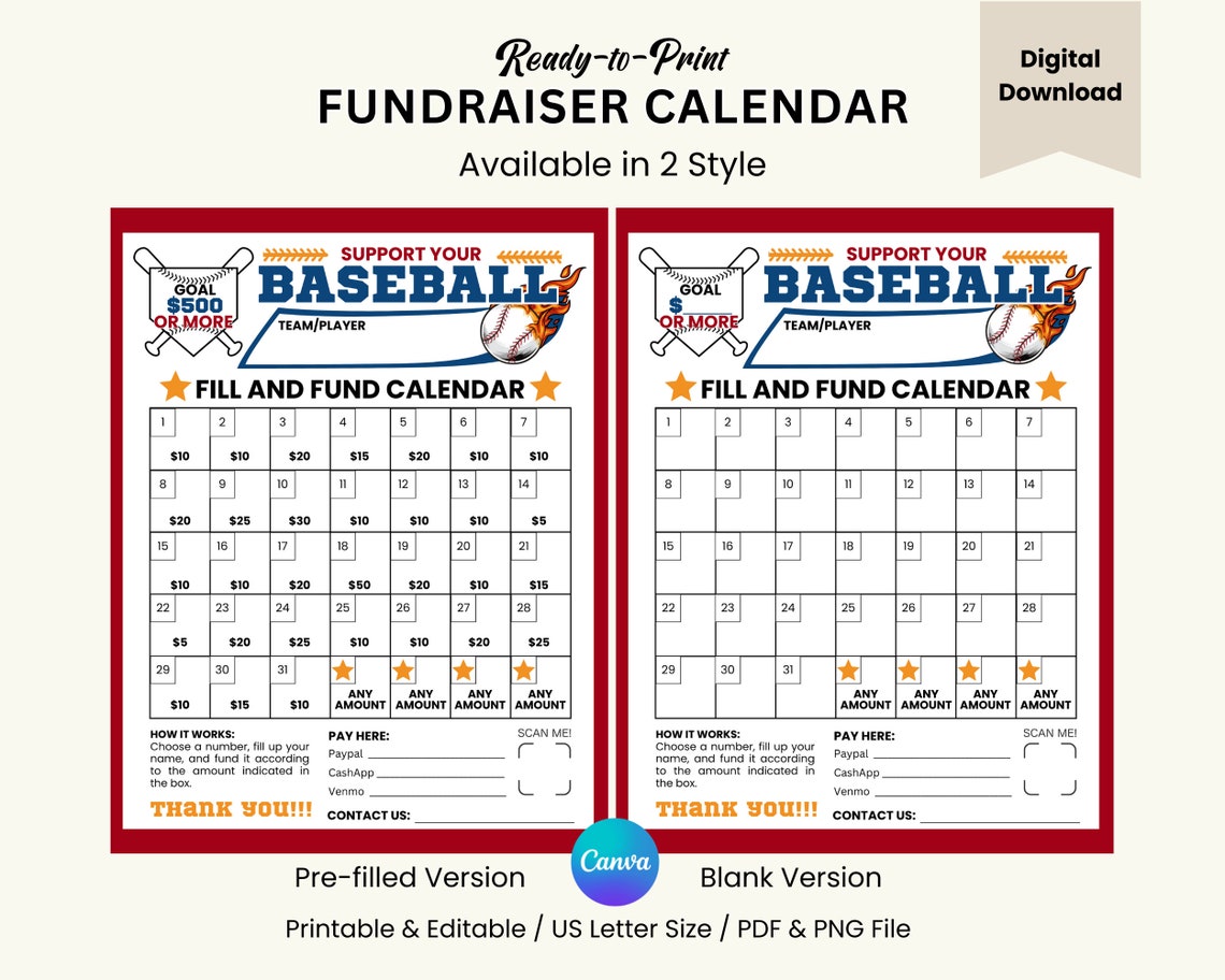 Baseball Fundraiser Calendar Sheet Editable QR Code, Baseball Coach Mom ...