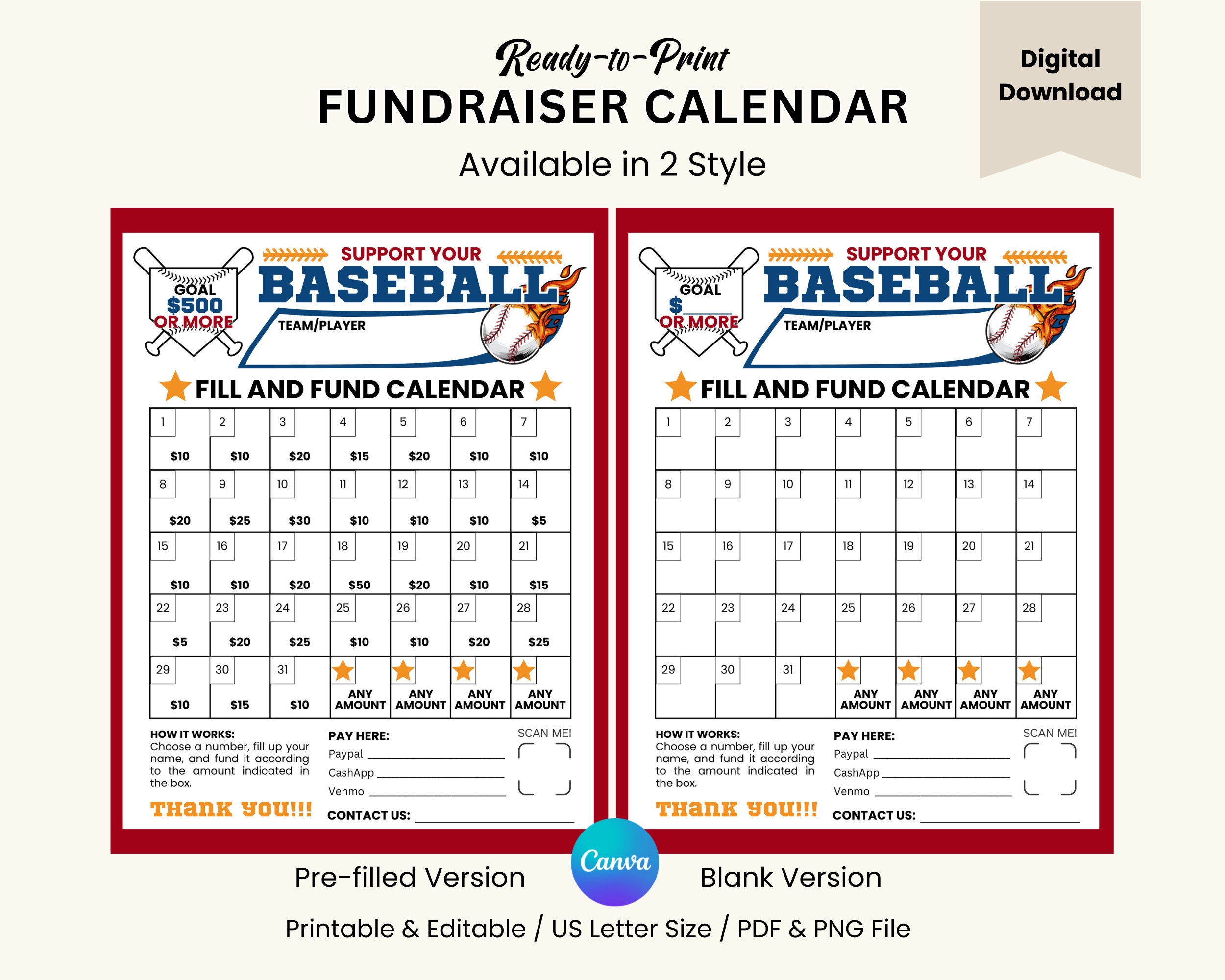 Baseball Fundraiser Calendar Sheet Editable QR Code, Baseball Coach Mom ...