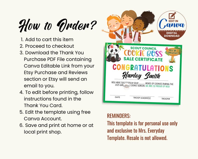 Editable Scout Cookie Sale Certificate 2025 for LBB & ABC Cookie Boss ...
