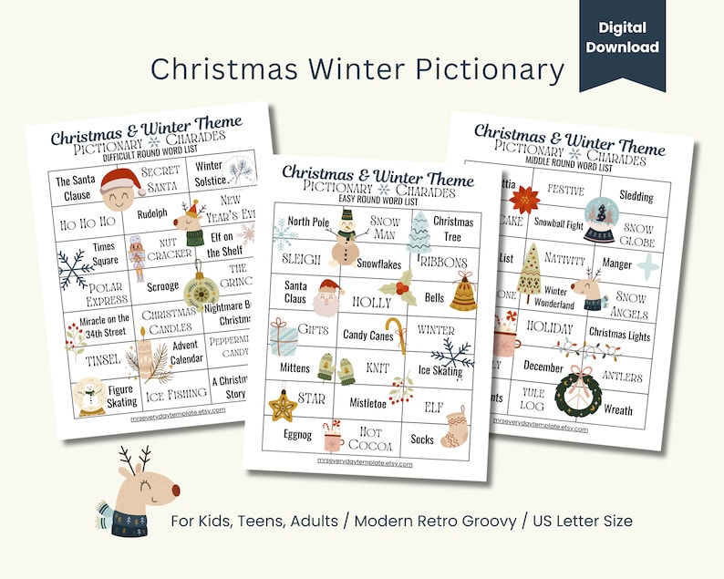 Christmas Winter Pictionary Cards Printable, Christmas Pictionary Songs ...