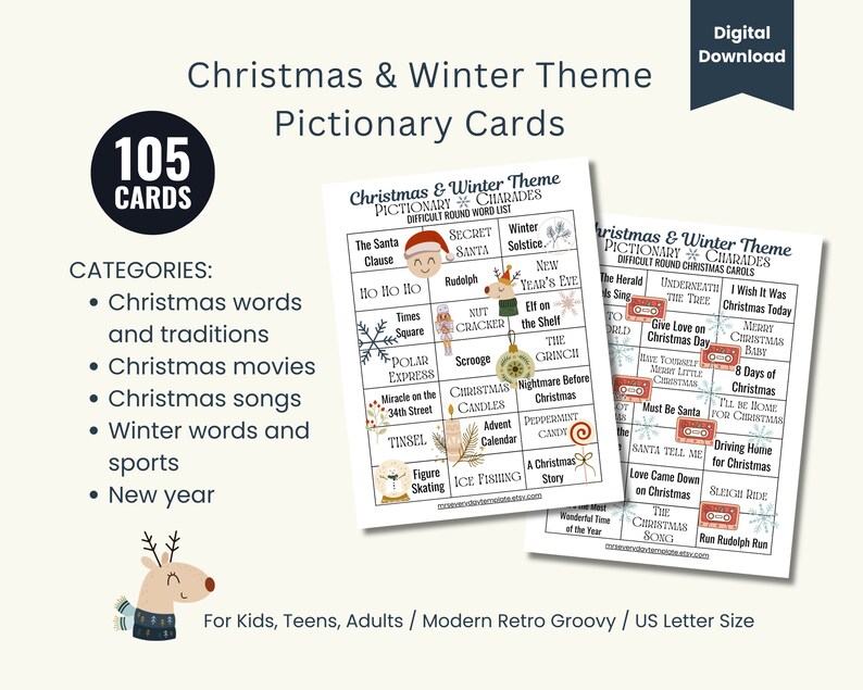 Christmas Winter Pictionary Cards Printable, Christmas Pictionary Songs ...