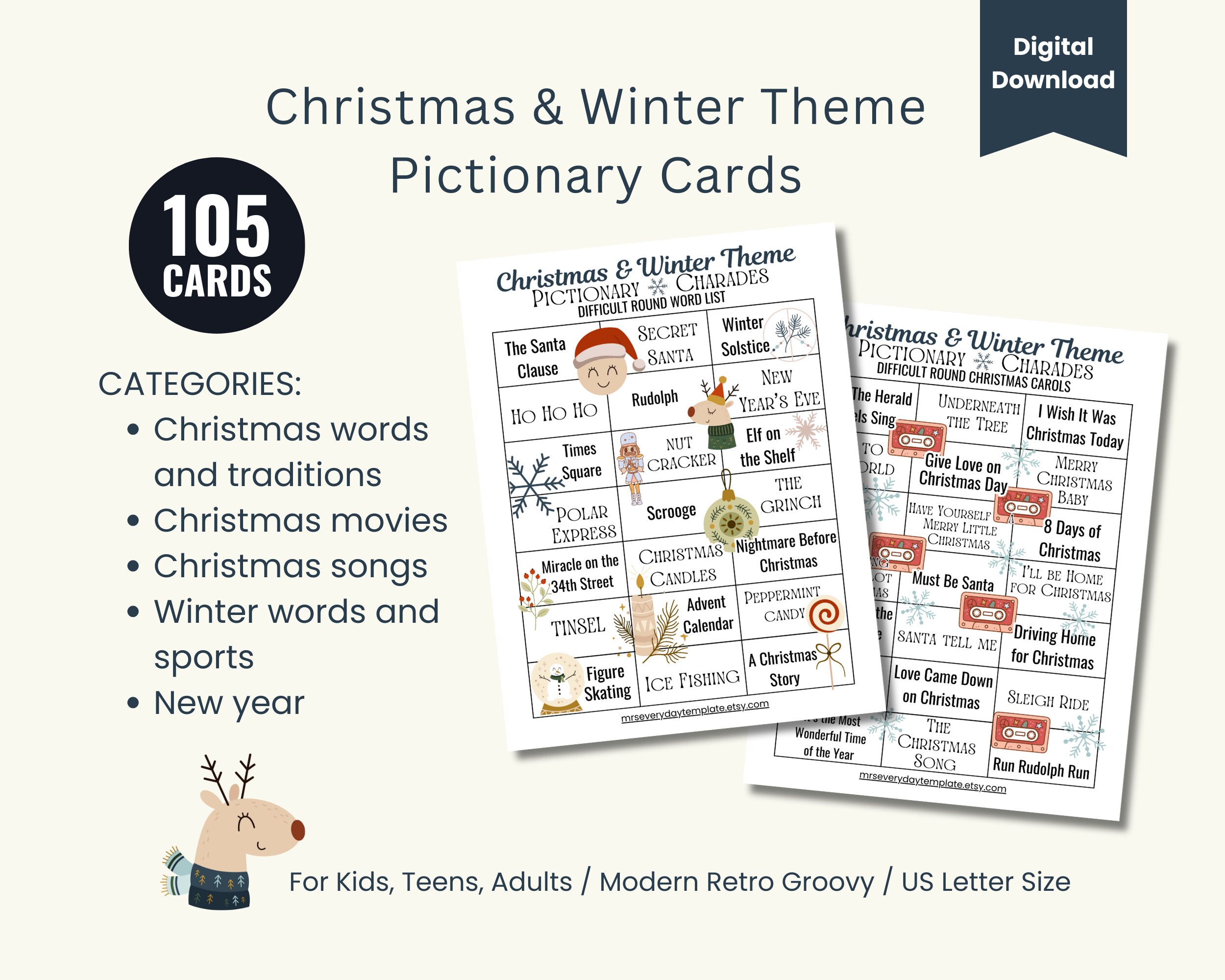 Christmas Winter Pictionary Cards Printable, Christmas Pictionary Songs ...