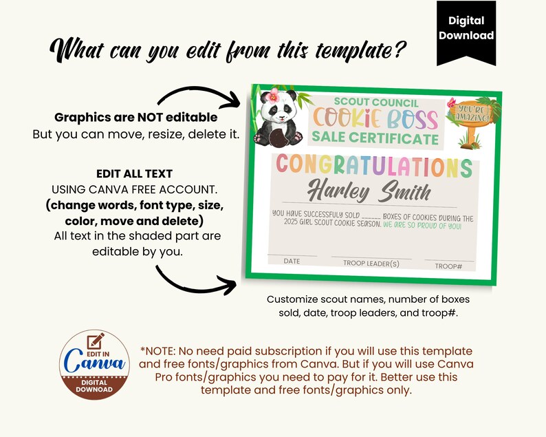 Editable Scout Cookie Sale Certificate 2025 for LBB & ABC Cookie Boss ...