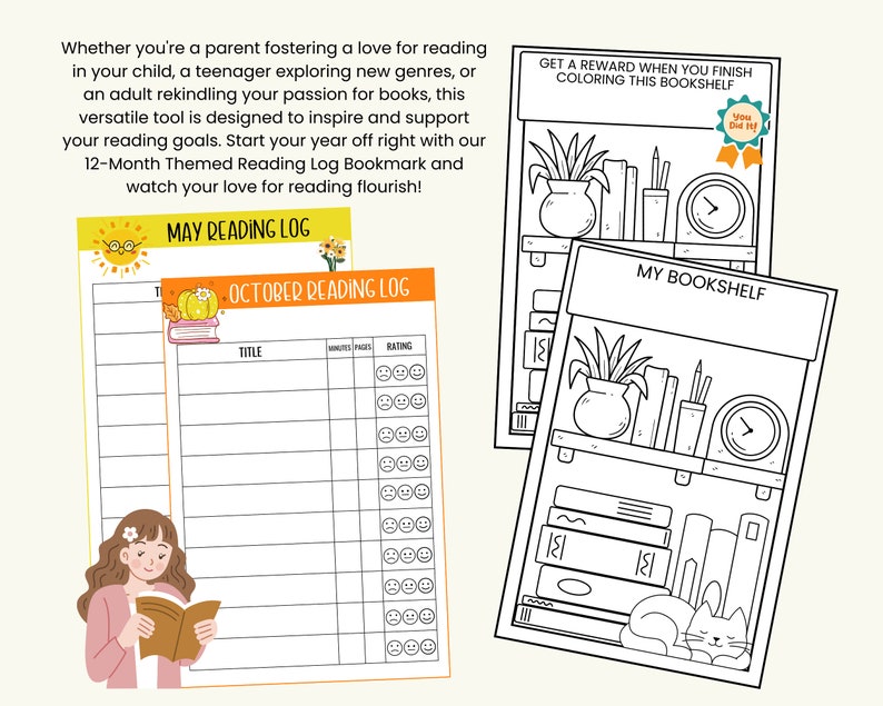 12 Month Reading Log Bookmark Printable Bookshelf Bookmark for Kids ...
