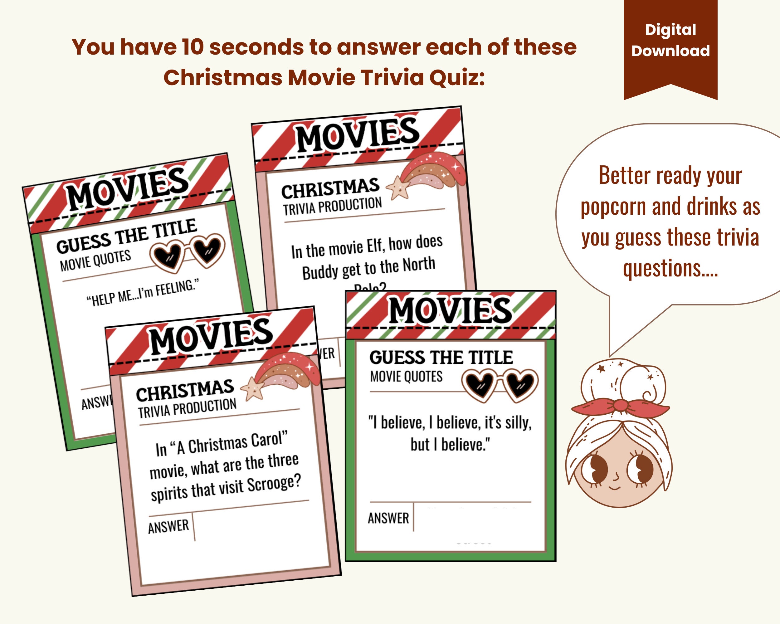 Christmas Movie Trivia Games Printable, Think Fast Game, Festive Trivia ...