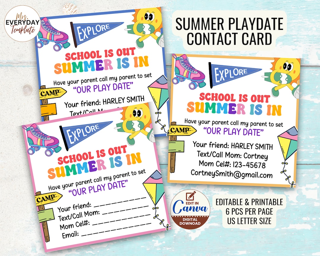 Editable Playdate Cards Template, Custom Playdate Contact Card for Kids ...