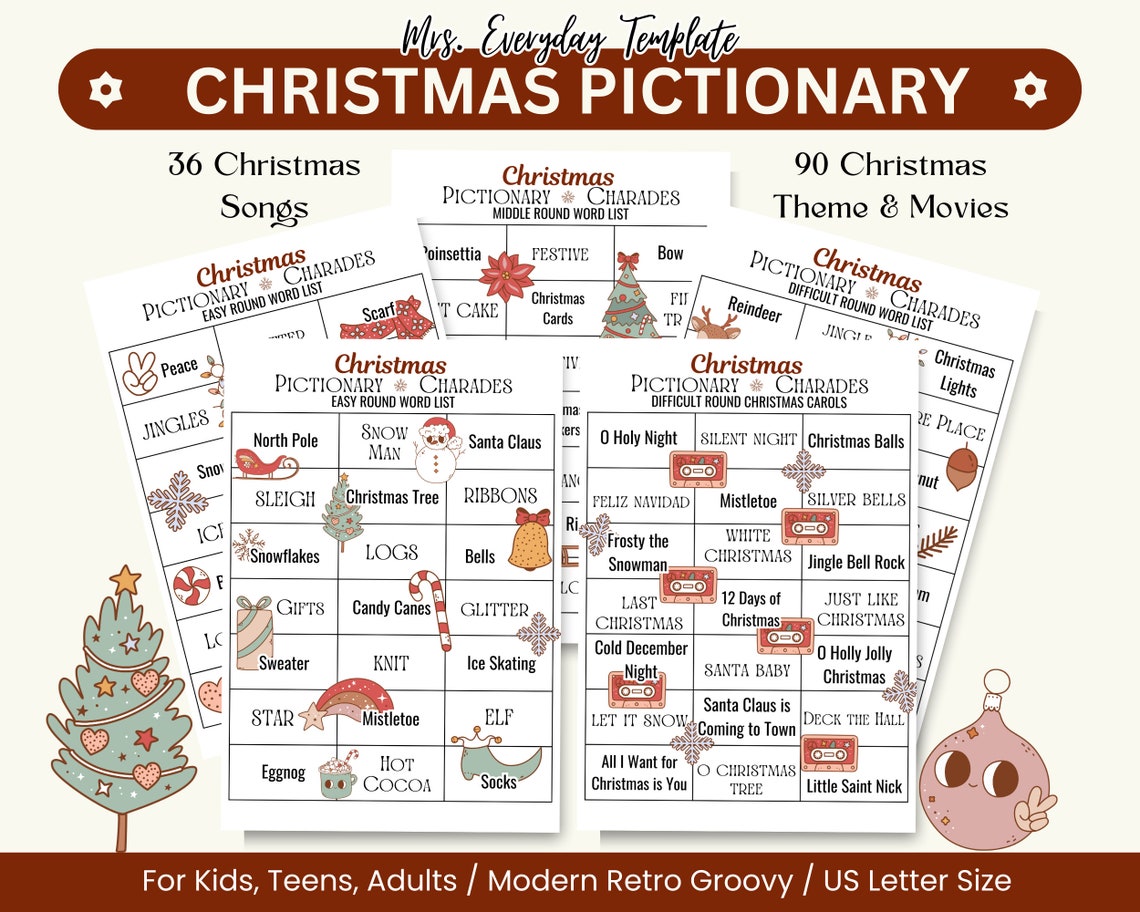 Christmas Pictionary Cards, Christmas Pictionary Songs Charades Cards ...