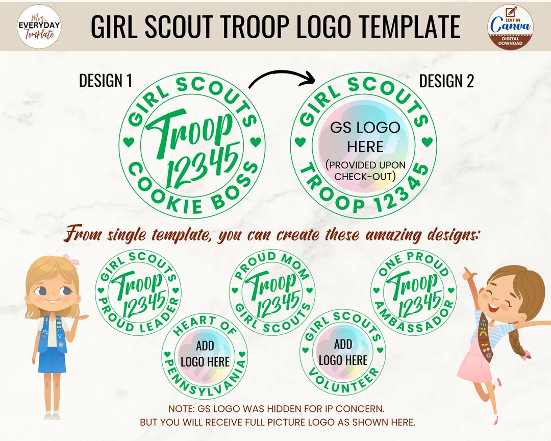 Girl Scout Troop Number Custom Logo Editable Canva Template DIY, Scout ...