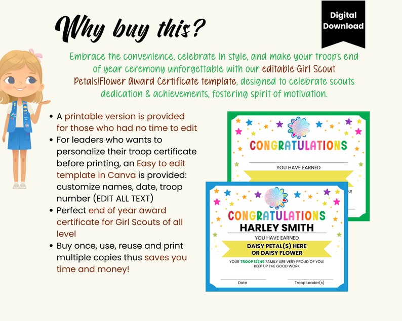 Editable Girl Scout Award Certificate Daisy Flower Petal Completion ...