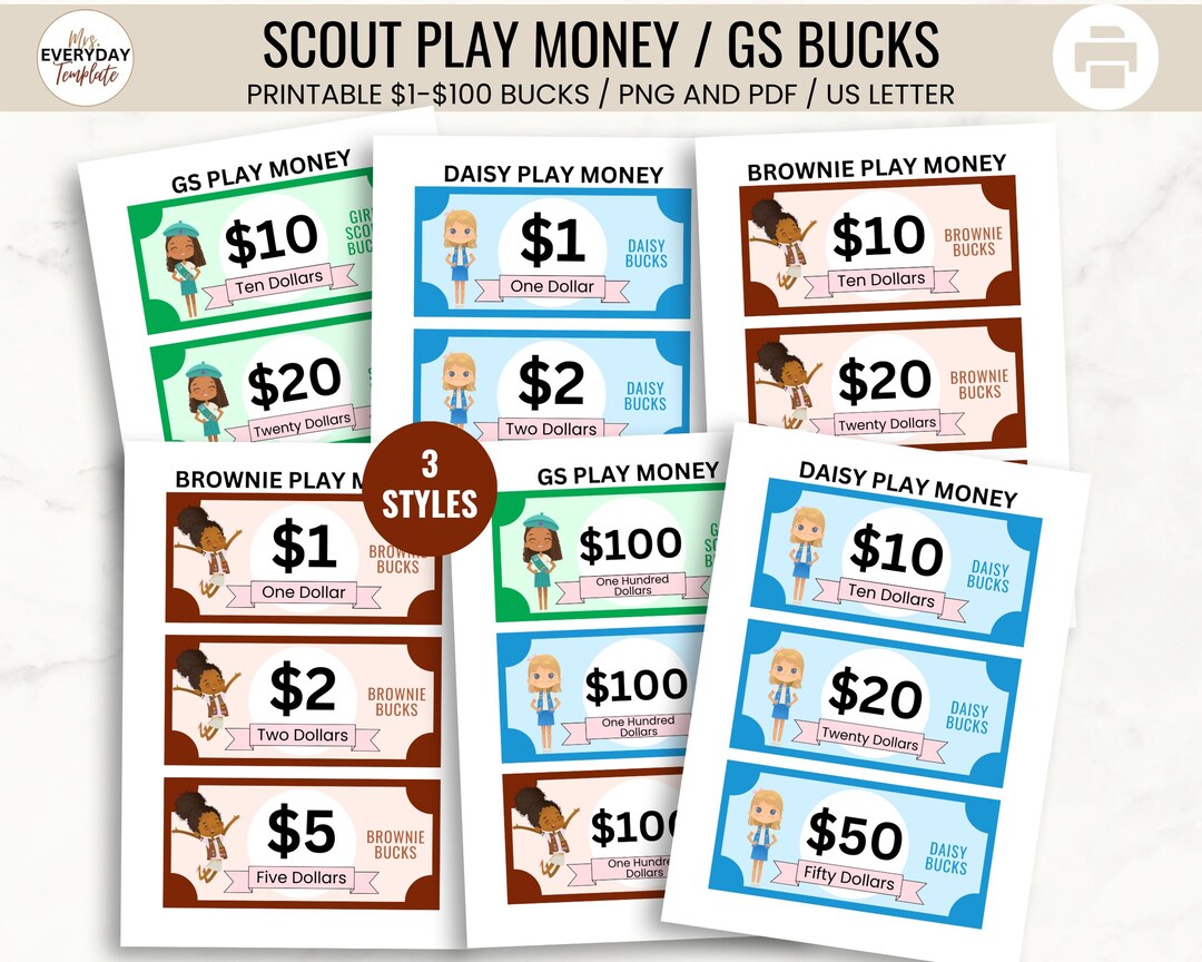 Printable Scout Cookie Play Money for Cookie Booth Role Play Skit ...