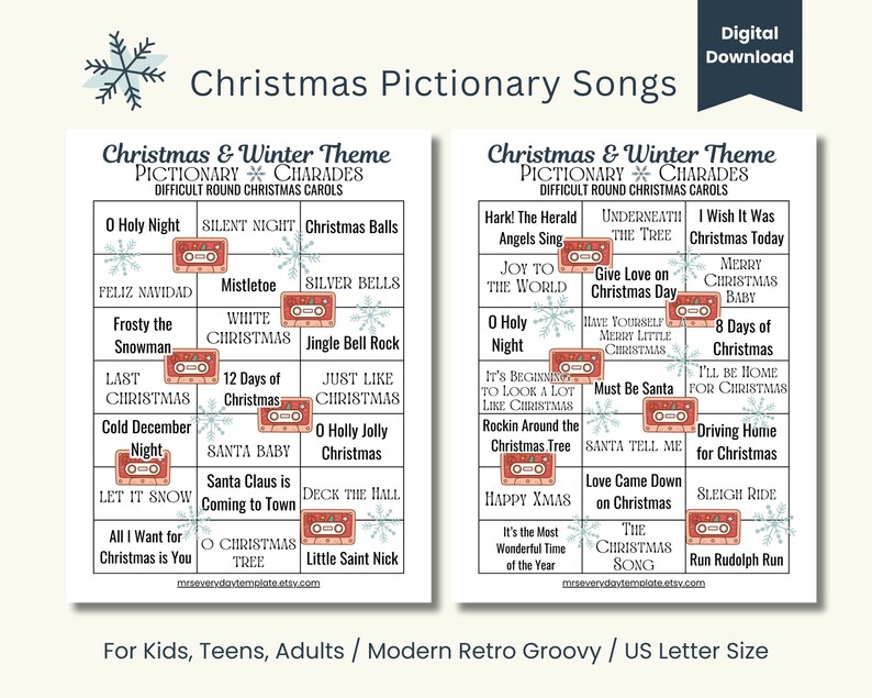 Christmas Winter Pictionary Cards Printable, Christmas Pictionary Songs ...