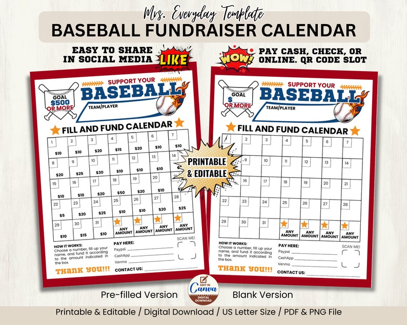 Baseball Fundraiser Calendar Sheet Editable QR Code, Baseball Coach Mom ...