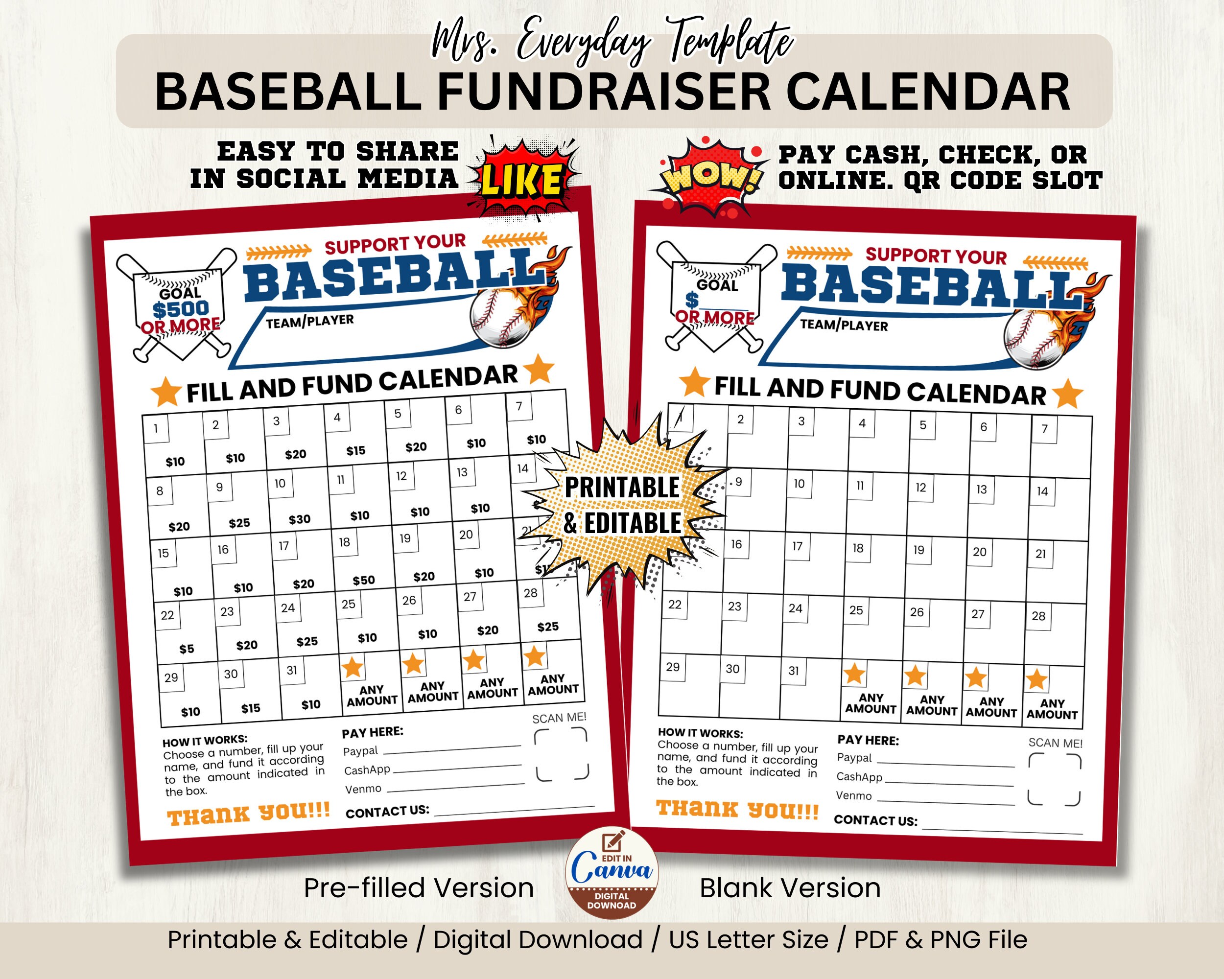 Baseball Fundraiser Calendar Sheet Editable QR Code, Baseball Coach Mom ...