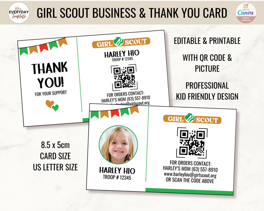 Editable Girl Scout Cookie Business Card and Thank You Note Card With ...