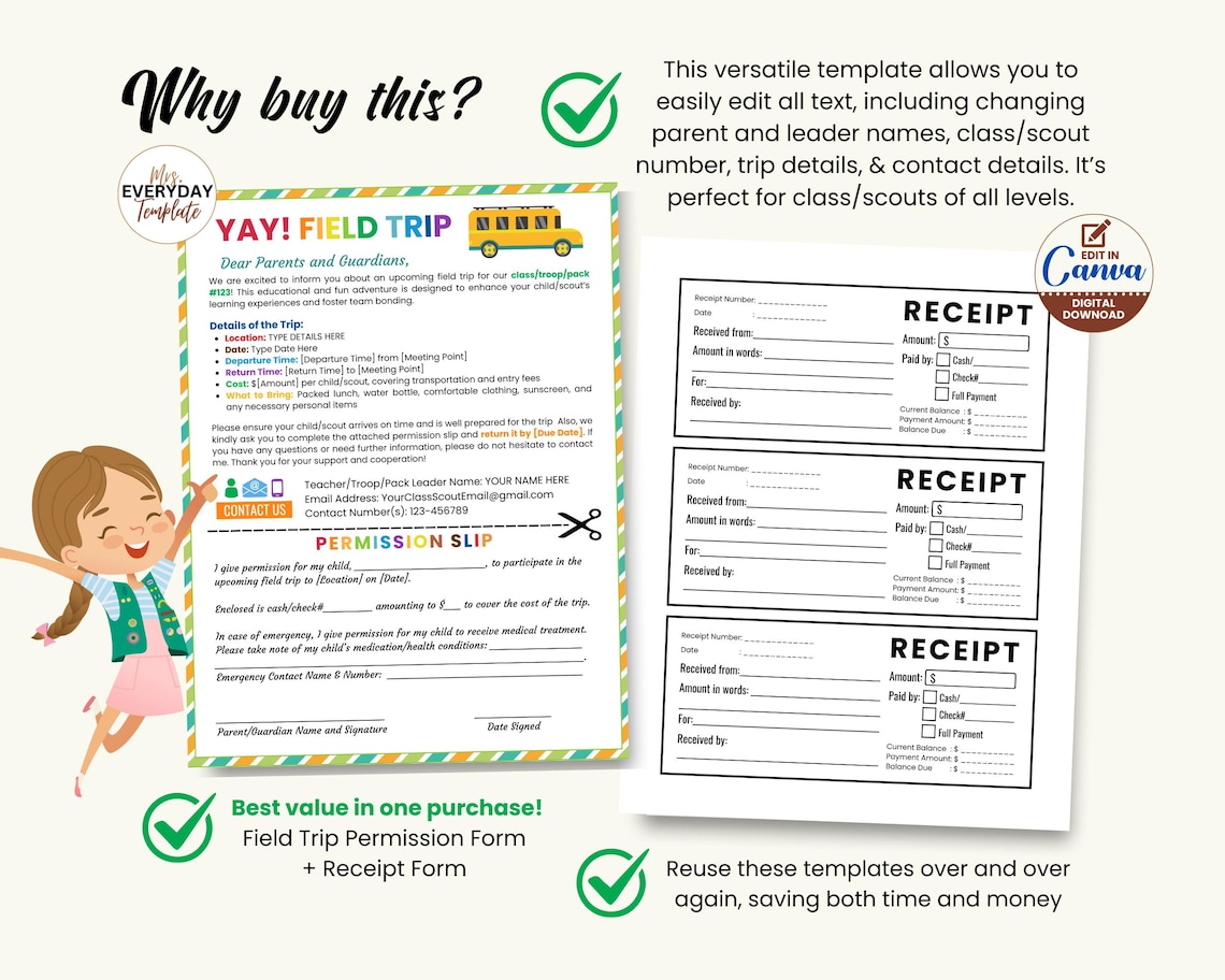Editable Field Trip Permission Slip & Receipt Form (canva Template) - Etsy