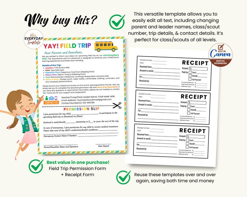 Editable Field Trip Permission Slip & Receipt Form (canva Template) - Etsy