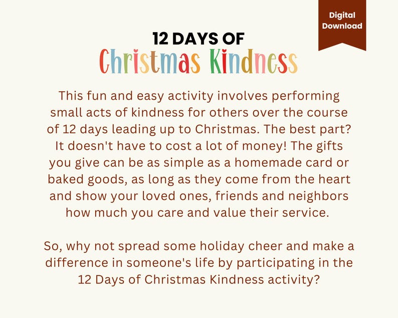 12 Days of Christmas Tags & Kindness Calendar Missionary Christmas ...
