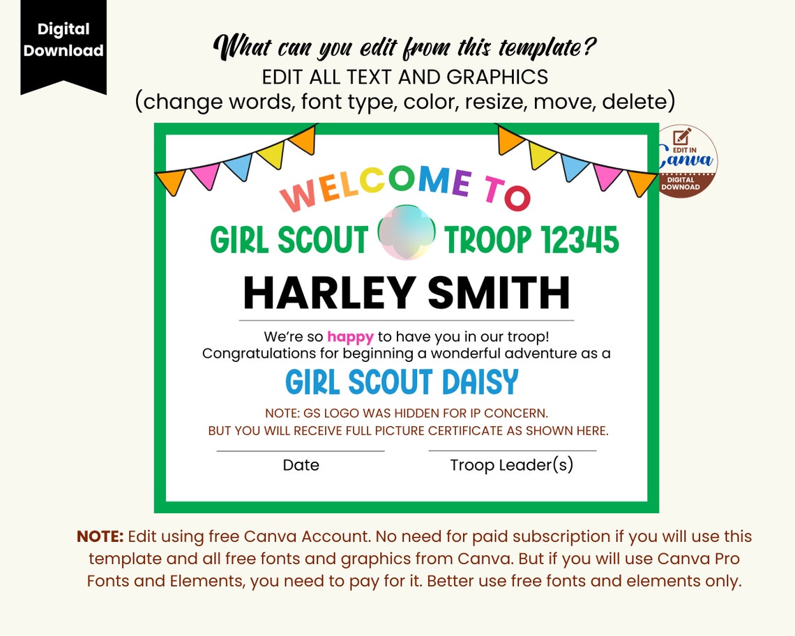 Editable Girl Scout Welcome Certificate Daisy to Ambassador, Welcome to ...