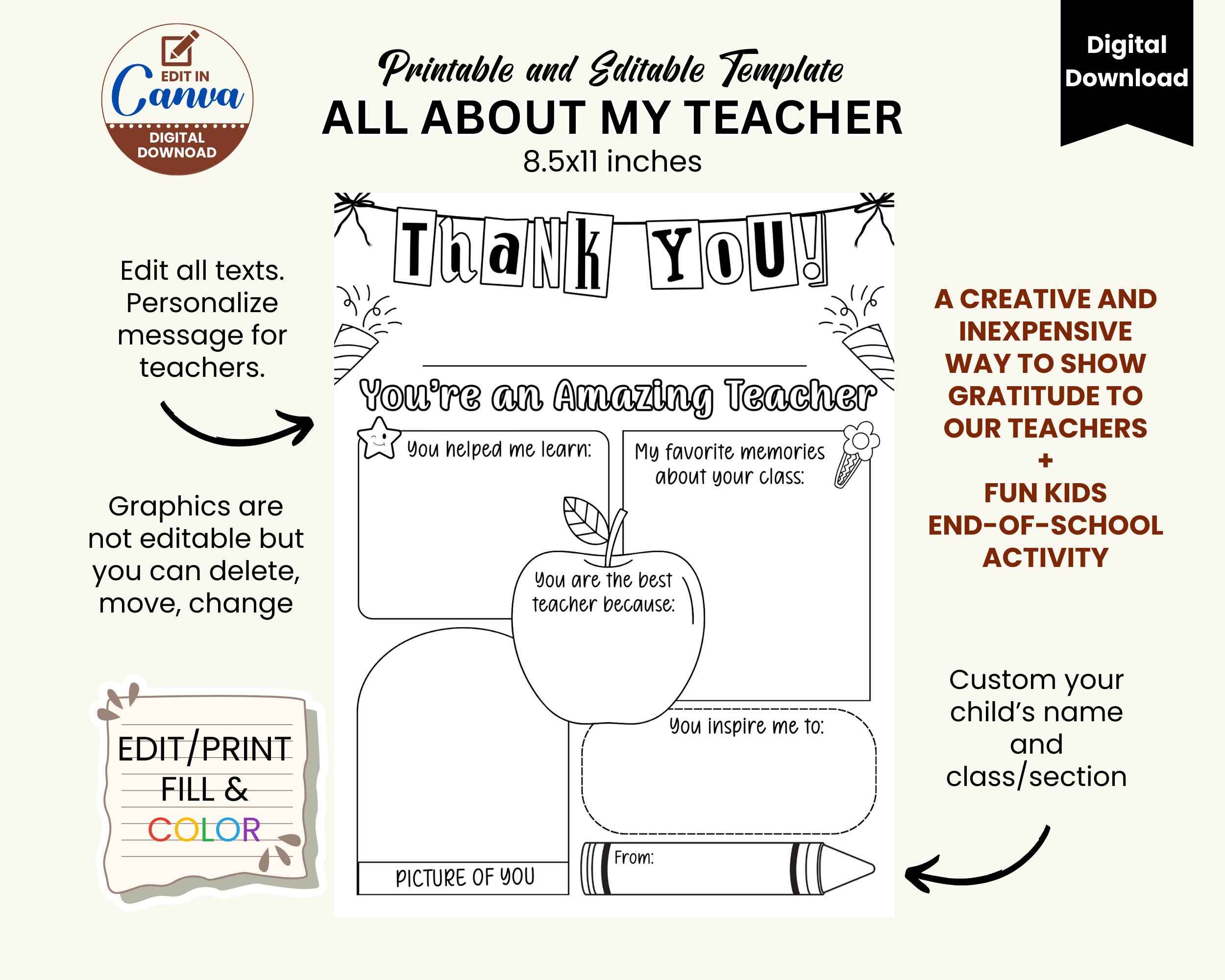 Teacher Appreciation Gift All About My Teacher Coloring Page End of ...