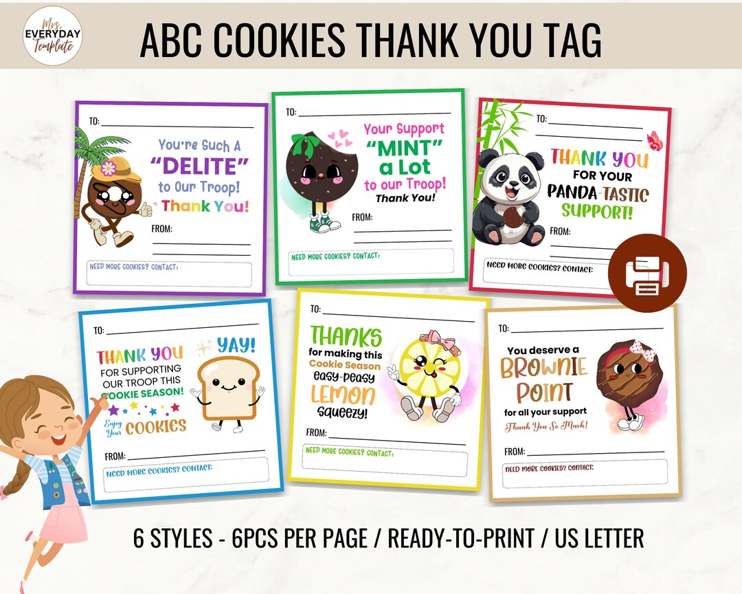 Scout Cookie Thank You Tag Printable ABC Cookies Thank You Card, Quick ...