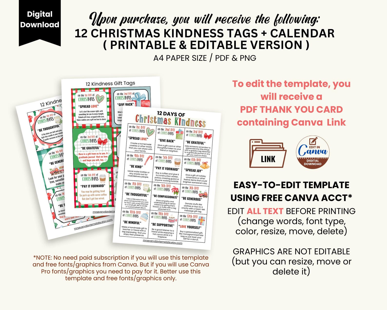 12 Days of Christmas Tags & Kindness Calendar Missionary Christmas ...