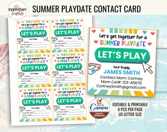 Editable Playdate Cards Template, Custom Playdate Contact Card for Kids ...