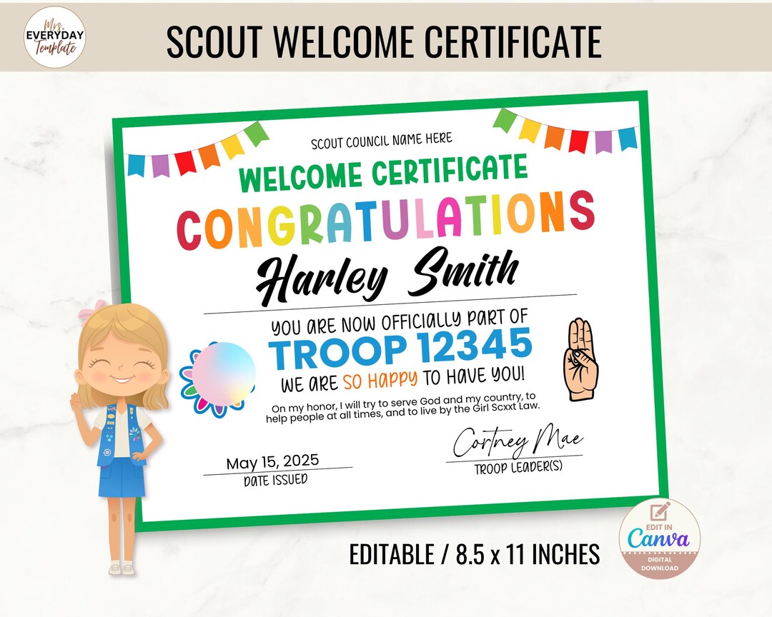 Custom Scout Certificate Welcome Daisy Scout Certificate of Investiture ...
