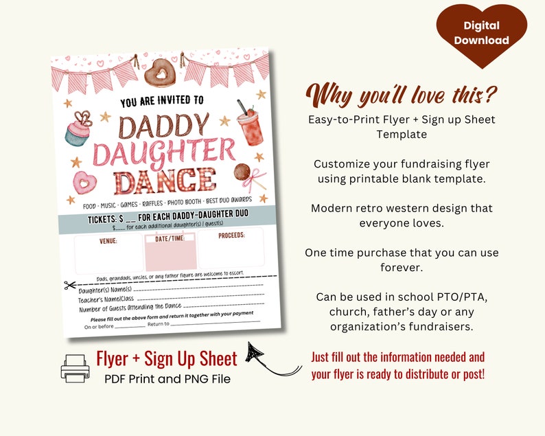 Daddy Daughter Dance Invitation Flyer Sign up Sheet Raffle Tickets ...
