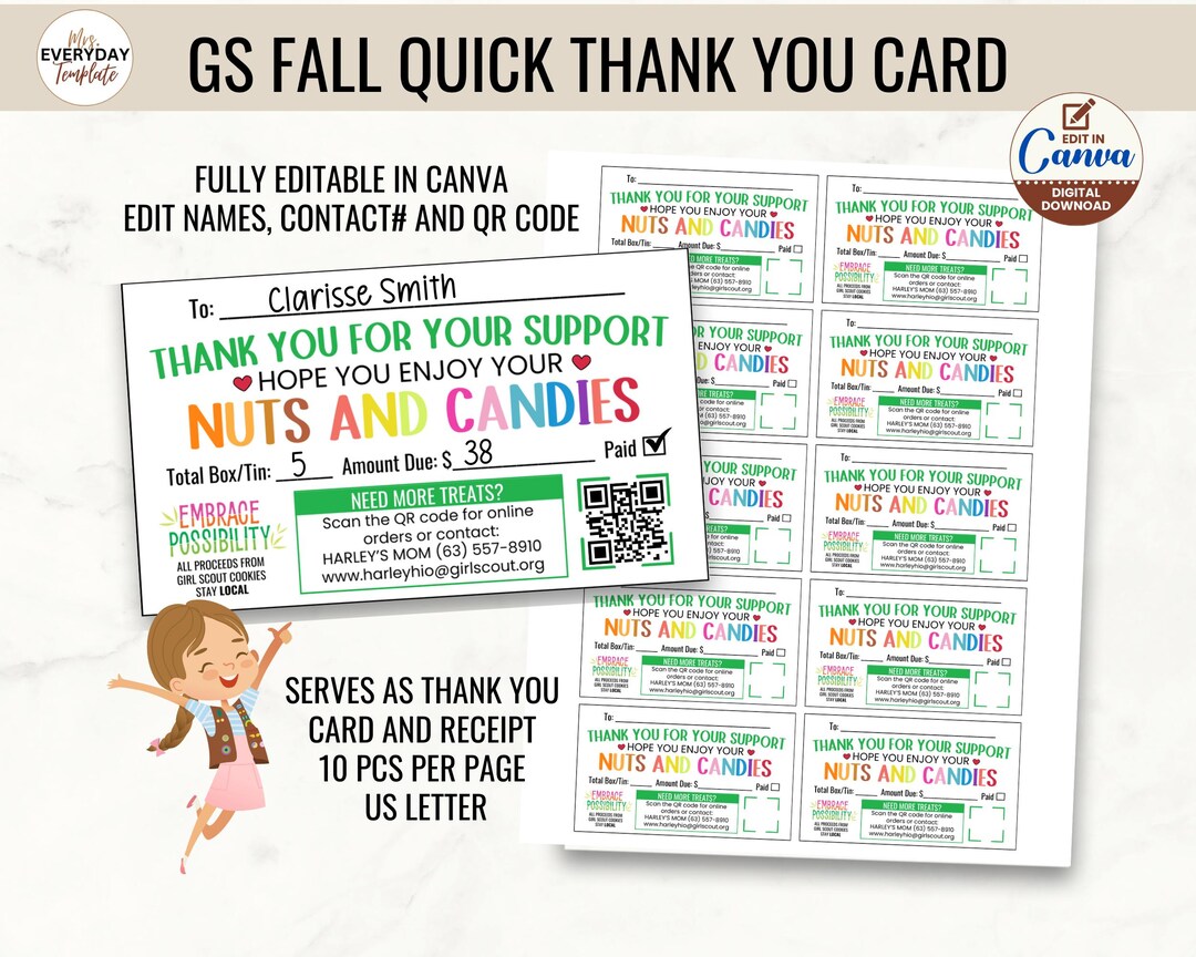 Scout Fall Product Thank You Card Editable Fall Treat Delivery Receipt ...