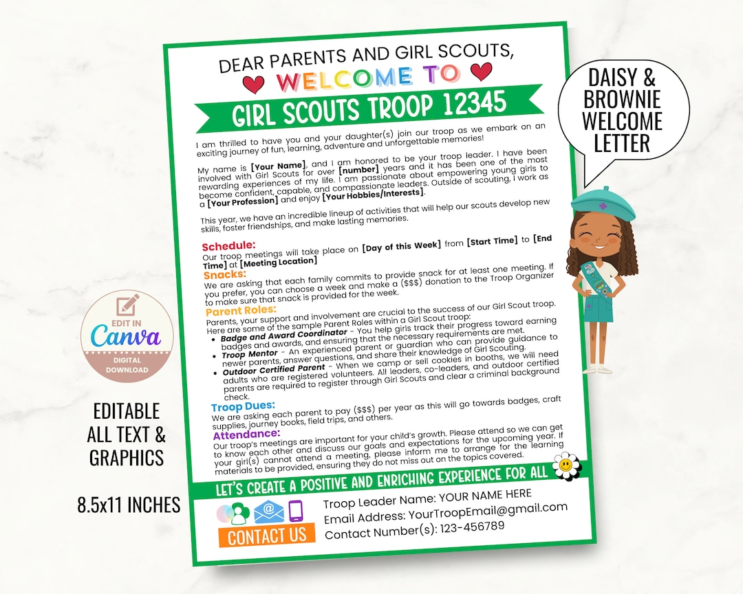 Editable Girl Scout Welcome Letter to Parents and Scouts, Scout Troop ...