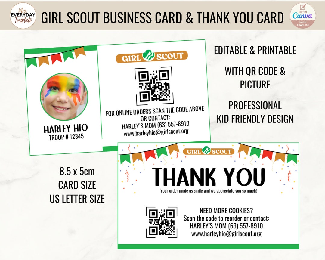 Editable Girl Scout Cookie Business Card and Thank You Note Card With ...