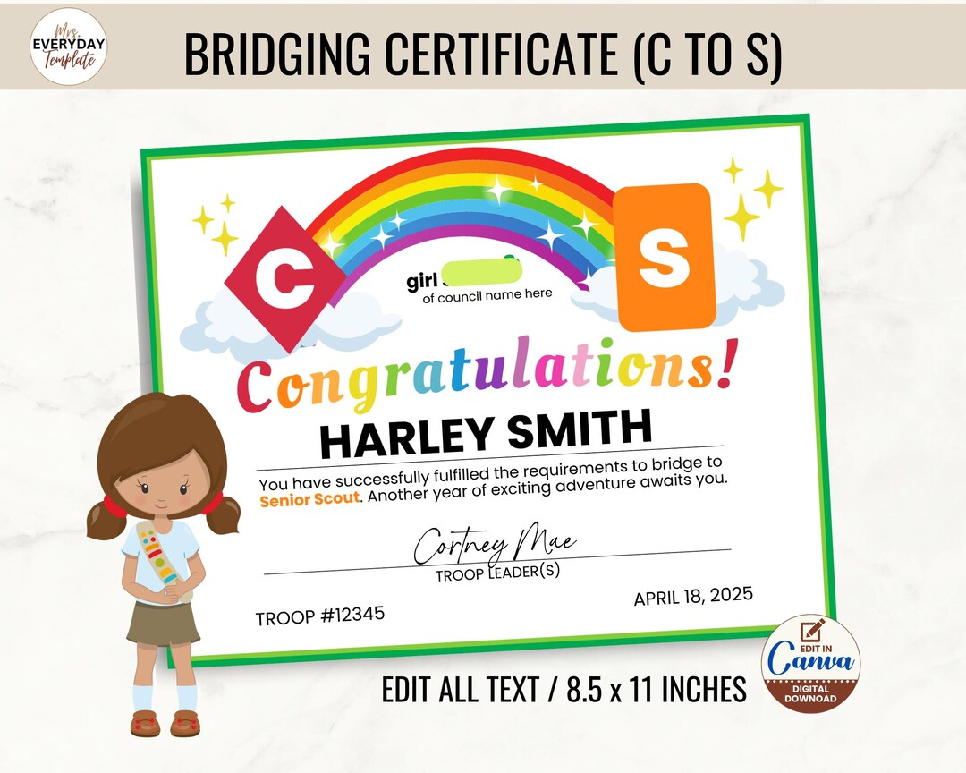 Editable Scout Bridging Certificate Cadette to Senior Scout Year End ...