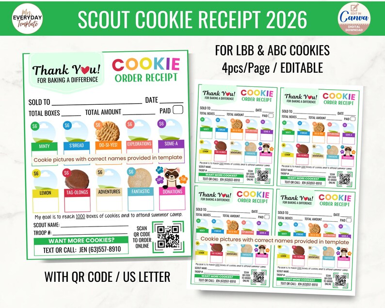 Editable Scout Cookie Receipt 2026 for LBB & ABC Cookie Thank You Gift ...