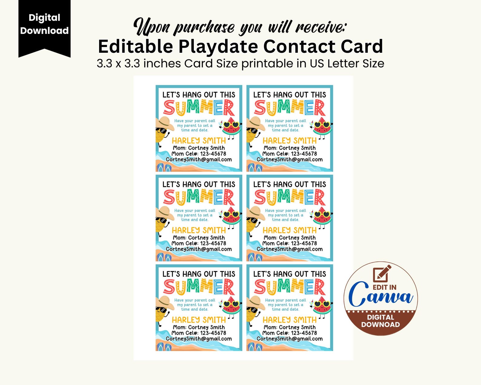Editable Playdate Cards Template, Custom Playdate Contact Card for Kids ...
