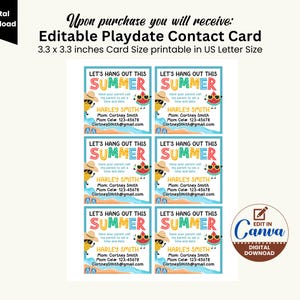 Editable Playdate Cards Template, Custom Playdate Contact Card for Kids ...