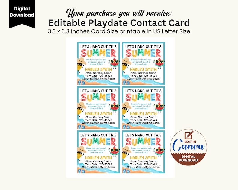 Editable Playdate Cards Template, Custom Playdate Contact Card for Kids ...