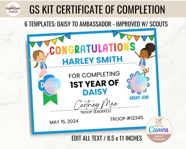 Editable Girl Scout Certificate of Completion From Daisy to Ambassador ...