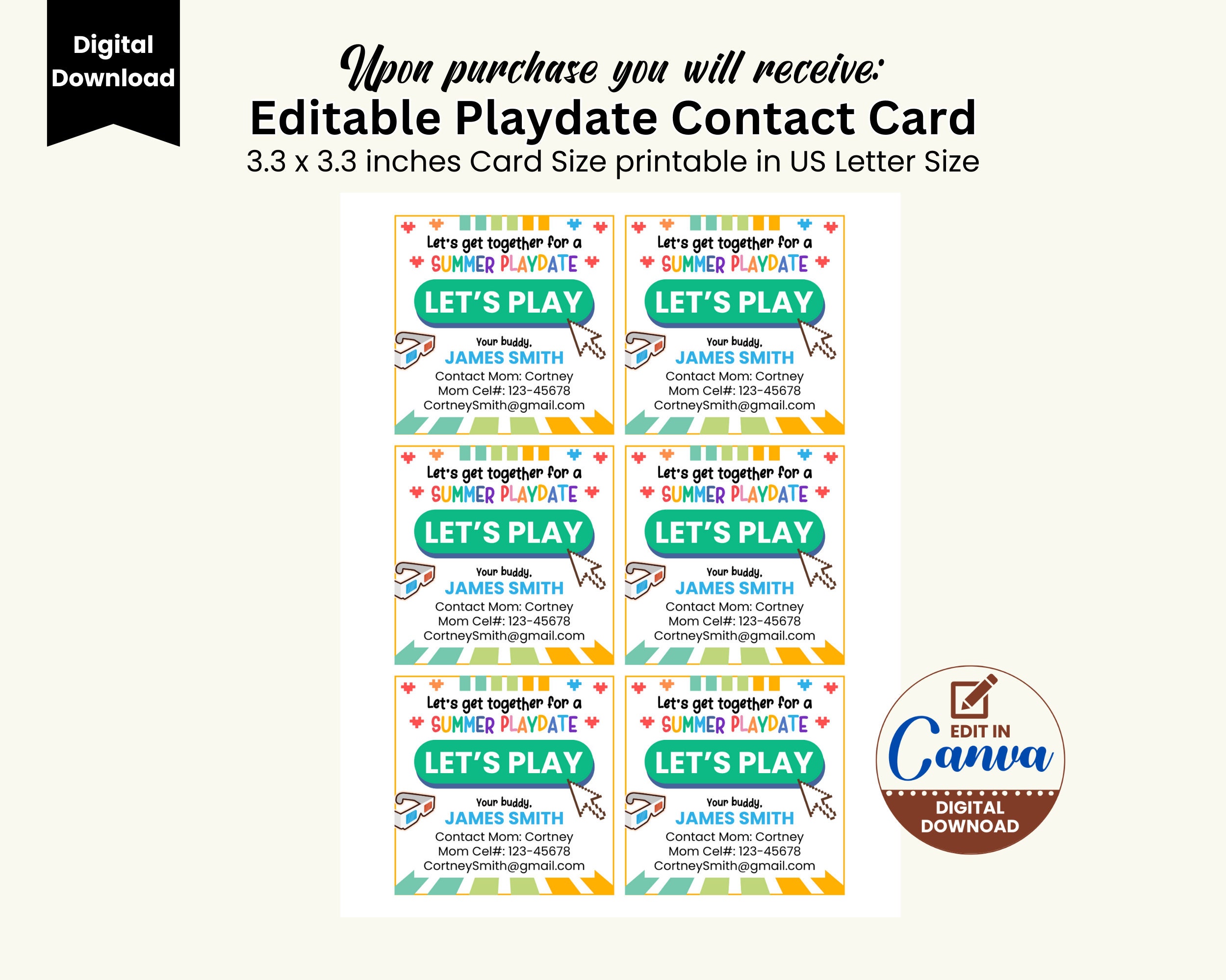 Editable Playdate Contact Card for Kids, Playdate Cards Template Keep ...