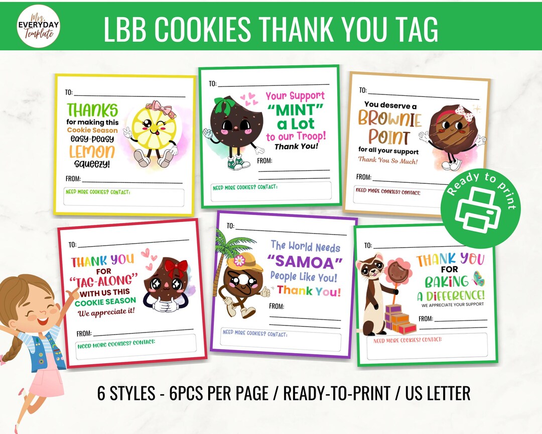 Scout Cookie Thank You Tag Printable LBB Cookies Order Card Quick ...