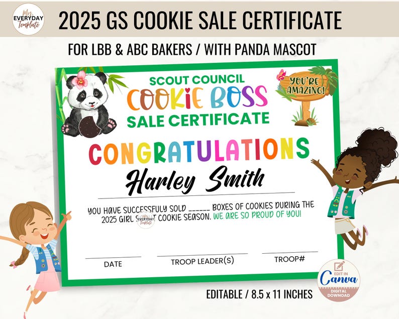 Editable Scout Cookie Sale Certificate 2025 for LBB & ABC Cookie Boss ...