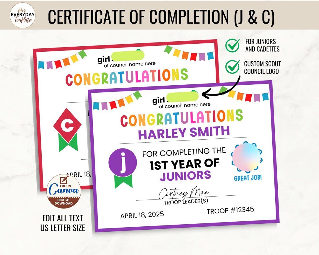 Editable Scout Certificate of Completion for Junior Cadette Scouts Year ...