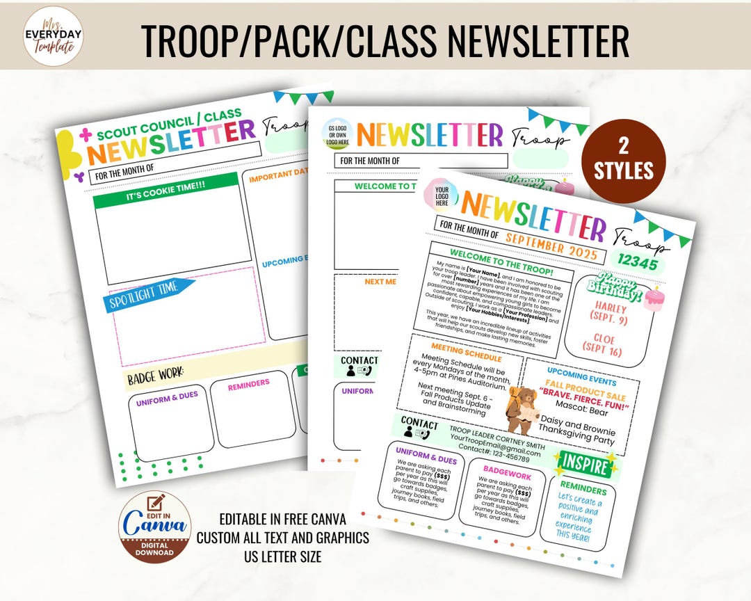 Troop Newsletter Template Editable Welcome Back to Troop Flyer Custom ...