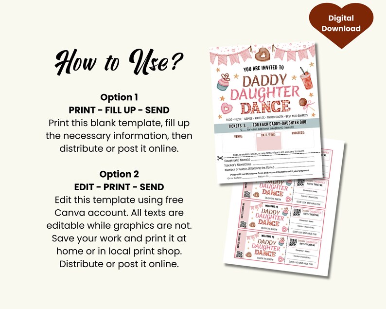 Daddy Daughter Dance Invitation Flyer Sign up Sheet Raffle Tickets ...