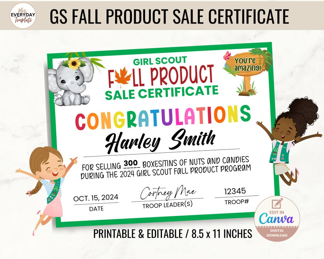 Editable Girl Scout Certificate Fall Product Sale Certificate, Scout ...