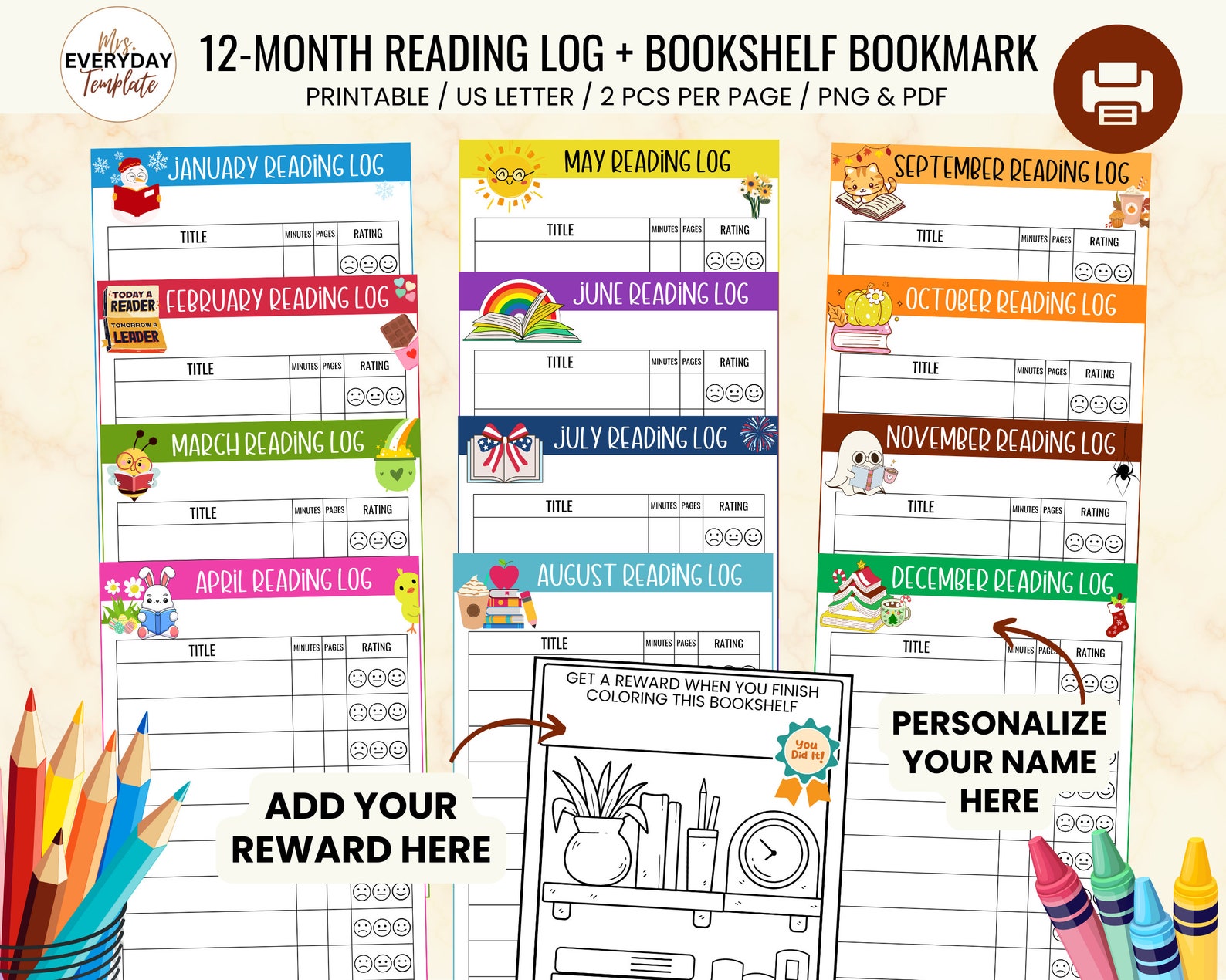 12 Month Reading Log Bookmark Printable Bookshelf Bookmark for Kids ...