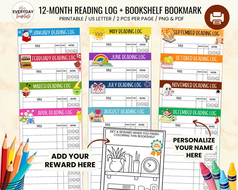 12 Month Reading Log Bookmark Printable Bookshelf Bookmark for Kids ...